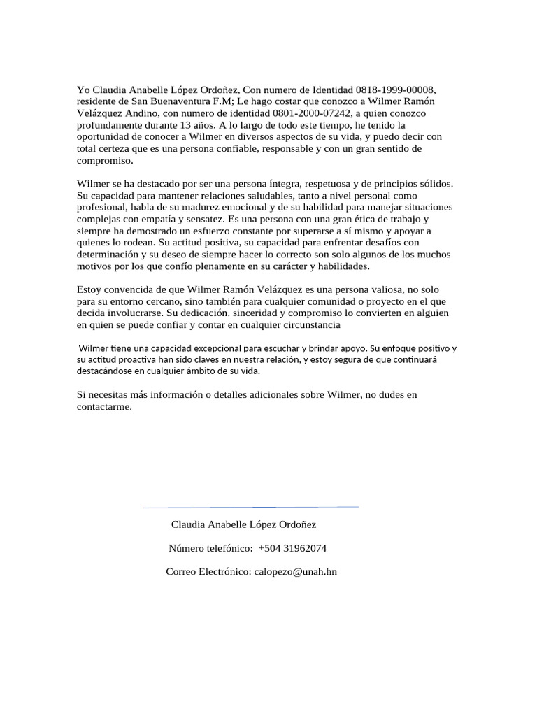 Carta de Recomendación de Wilmer | PDF