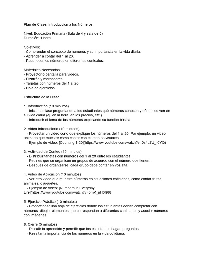 Plan de Clases-Numbers | PDF