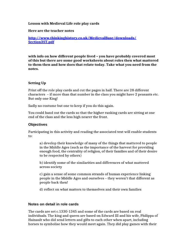 Medieval Life - role play cards -activities | PDF