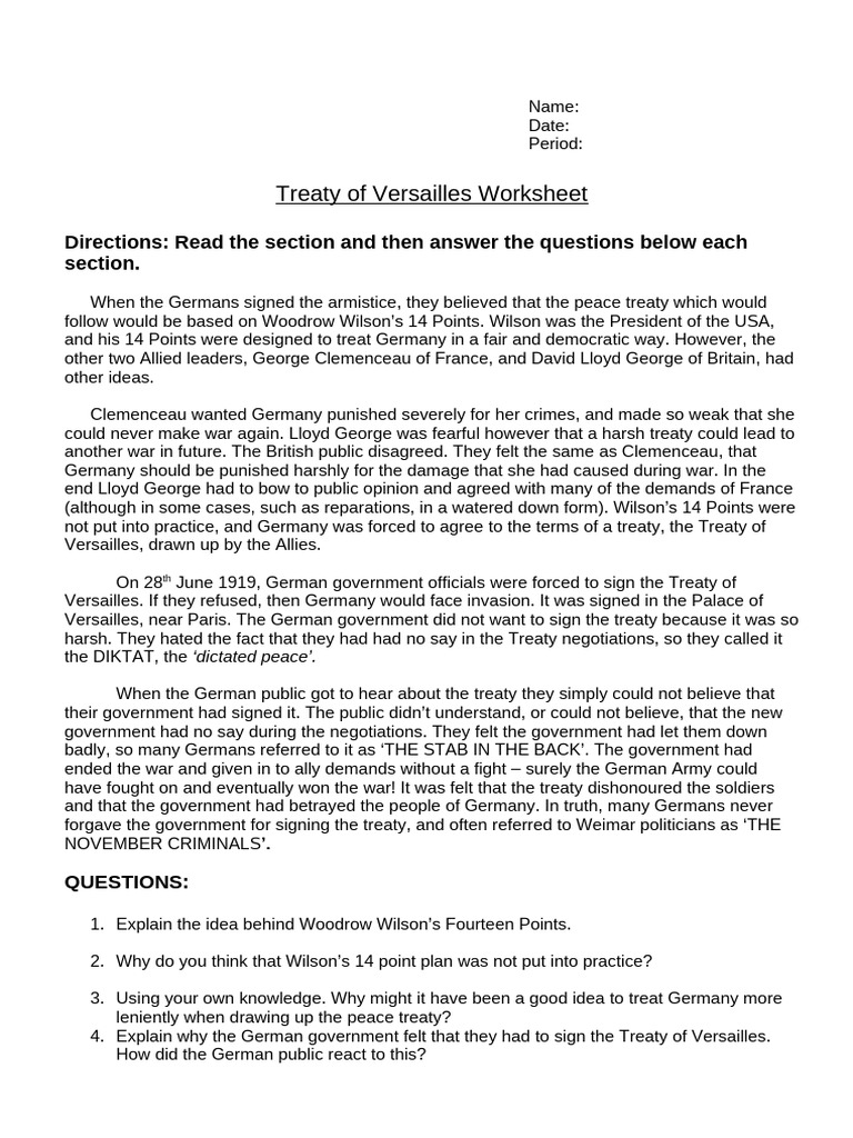 Treaty of Versailles Worksheet | PDF | Treaty Of Versailles | Weimar ...