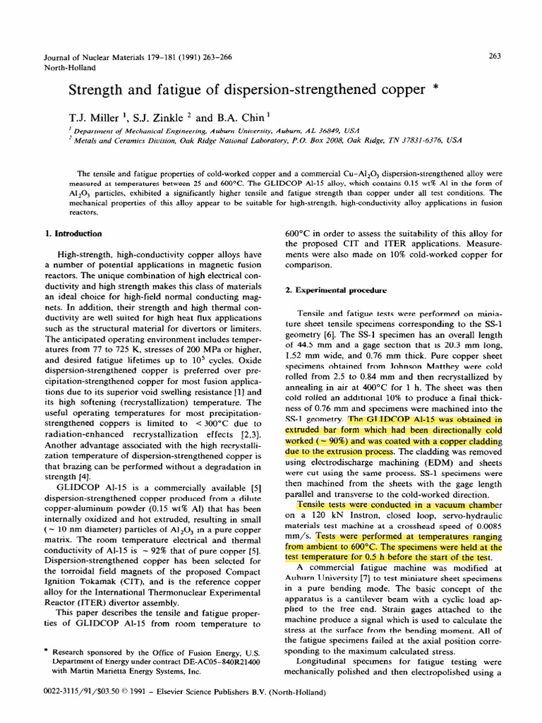 Strength and Fatigue of Dispersion-Strengthened Copper | PDF | Strength ...