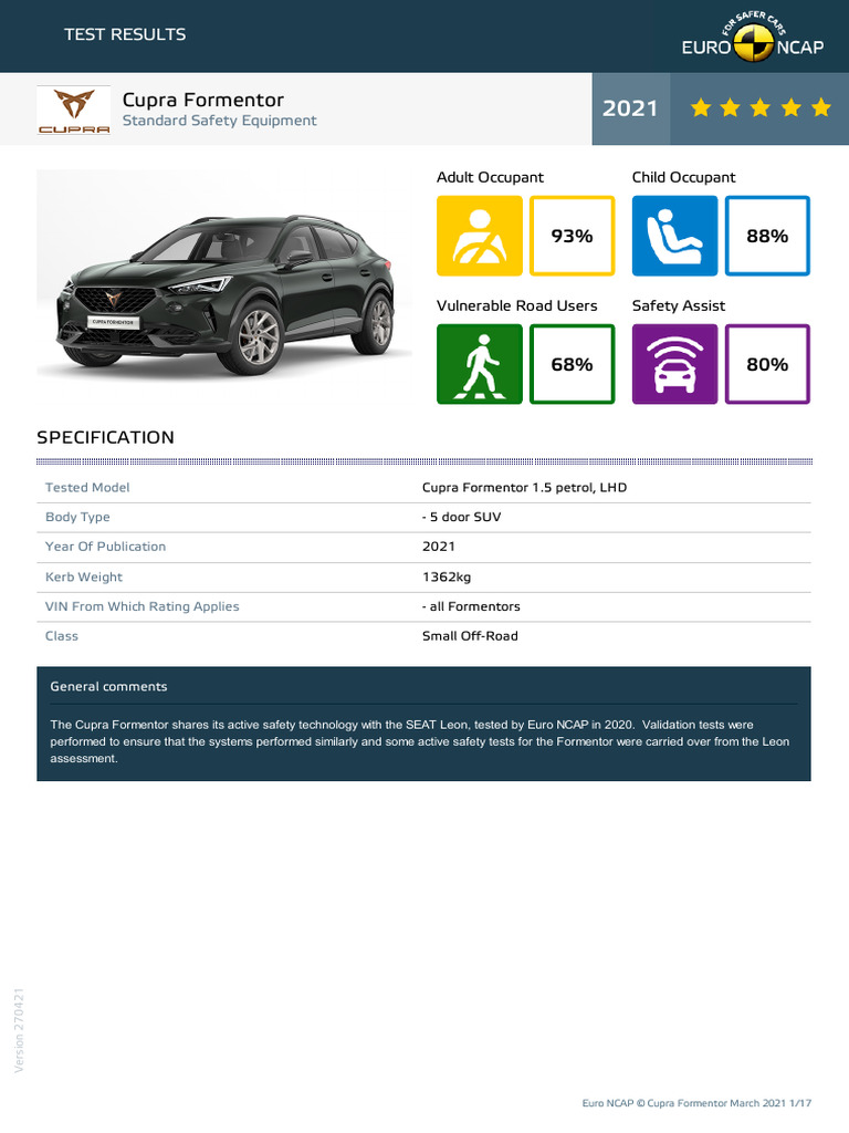 Euroncap 2021 Cupra Formentor Datasheet | PDF | Airbag | Transport