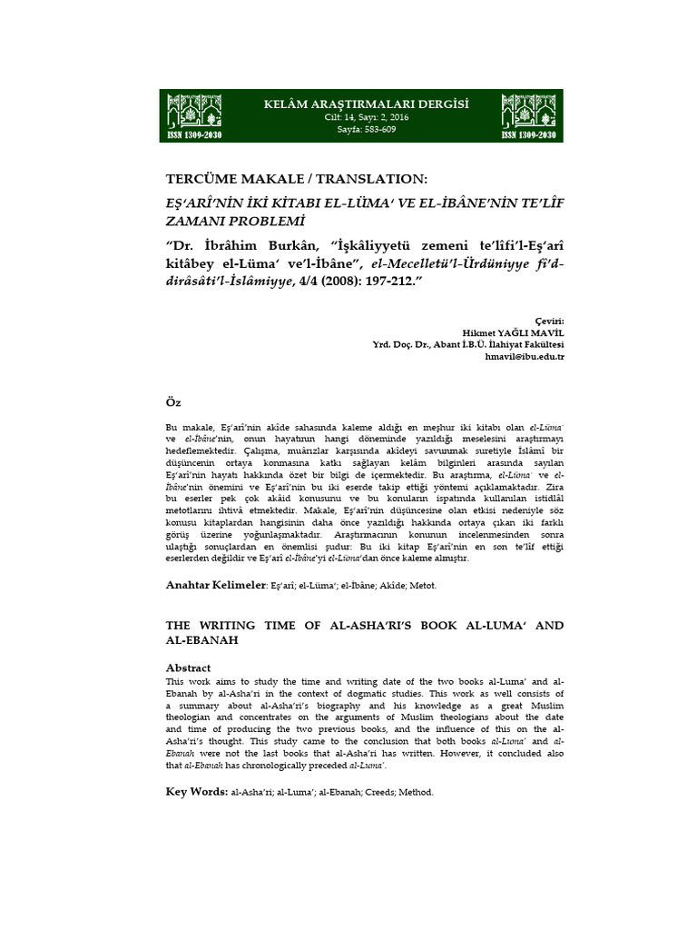 Eş'Ari'Nin İki Kitabı El Lüma Ve El İbane'Nin Te'Lif Zamanı Problemi | PDF