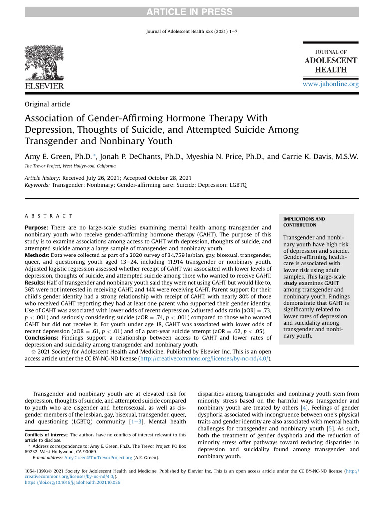 Artigo - Amy Green et Al - Association of Gender-Affirming Hormone Therapy With Depression ...