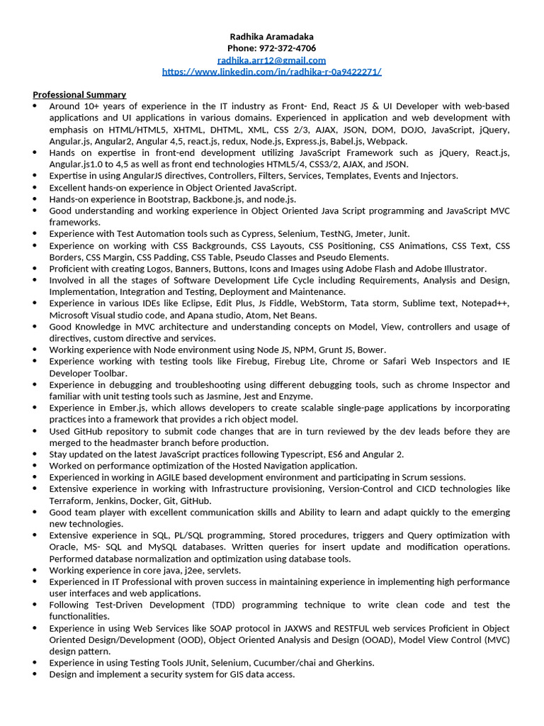 Radhika ReactJS Resume | PDF | Angular Js | J Query