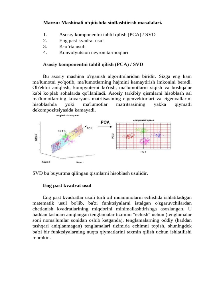 Asosiy Komponentni Tahlil Qilish (PCA) / SVD: Mavzu: Mashinali o Qitishda Sinflashtirish ...