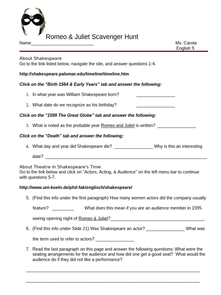 romeo__juliet_scavenger_hunt_2009-2010 | PDF | William Shakespeare ...