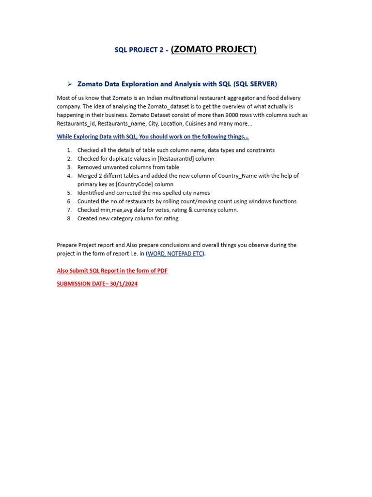 SQL Project 2 (ZOMATO) Description | PDF