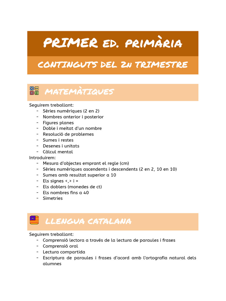 1r - Continguts 2n Trimestre | PDF