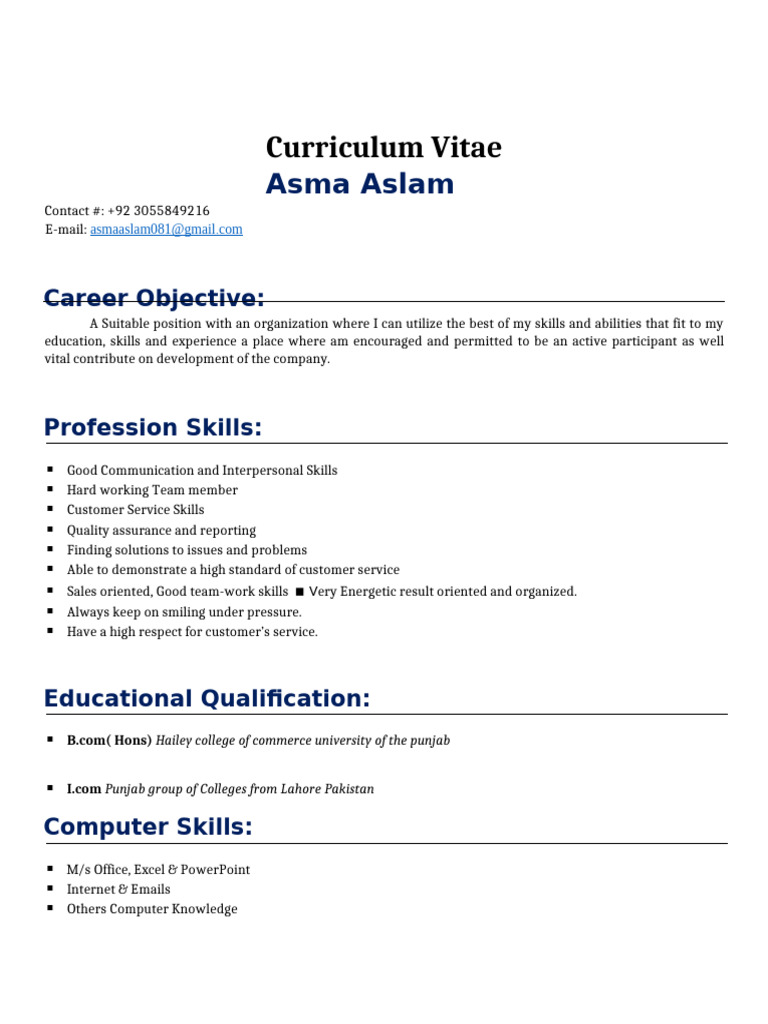 Asma Aslam CV Hanibmetro | PDF | Pakistan | Communication