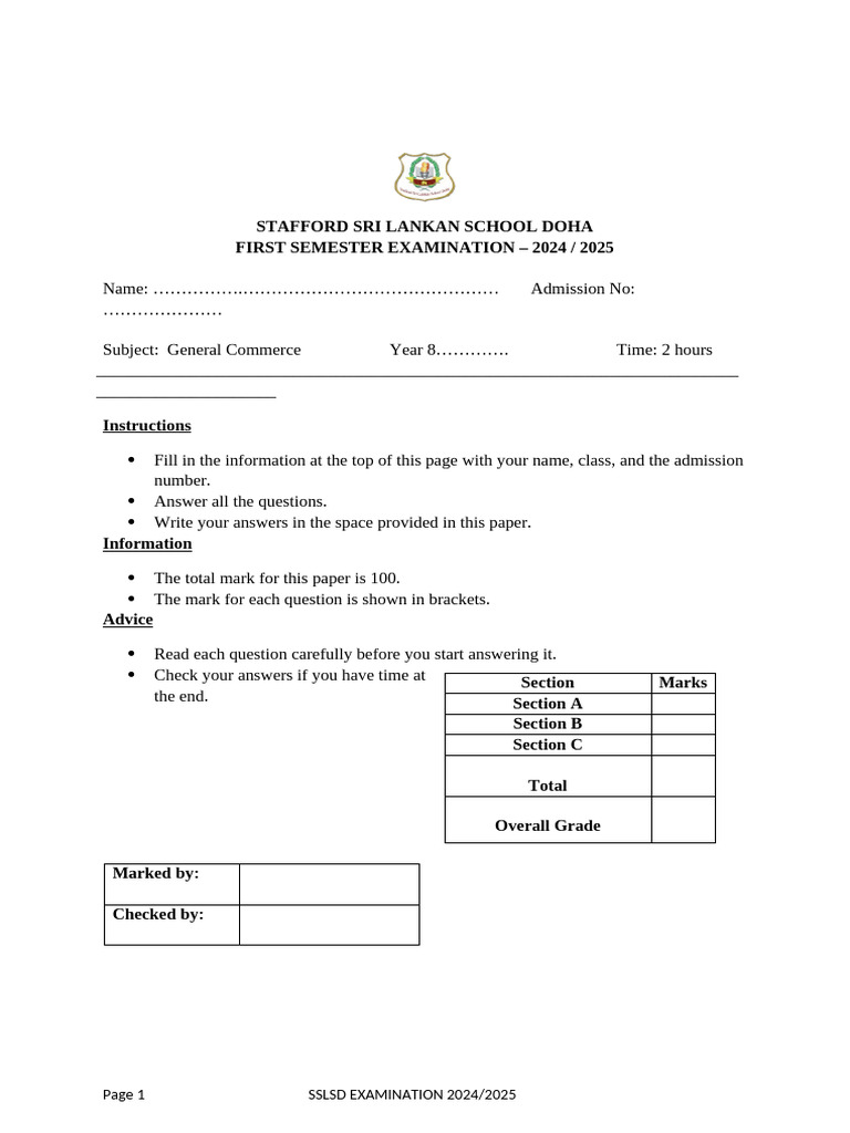 Year 8 General Commerce Exam 2024/2025 | PDF | Equity (Finance) | Banks