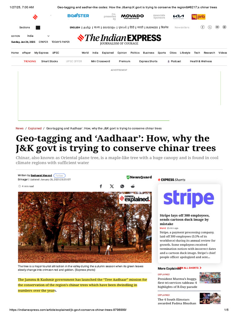 J&K's Tree Aadhaar for Chinar Conservation | PDF