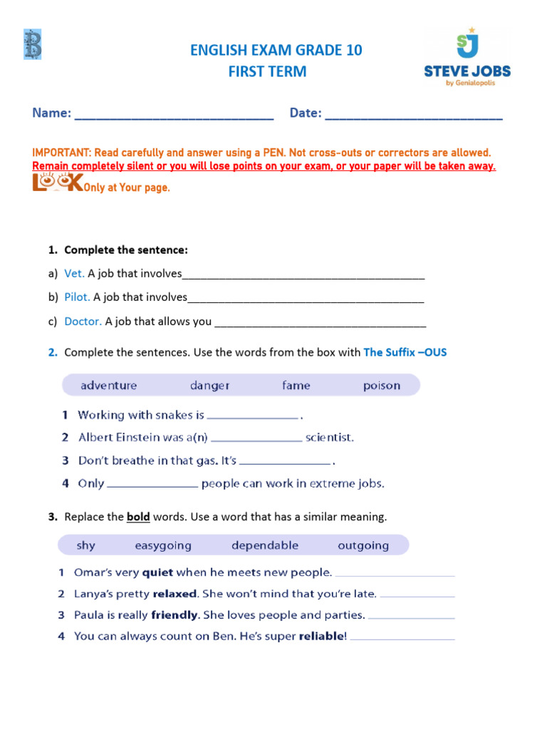 B English Exam First Term G10 | PDF