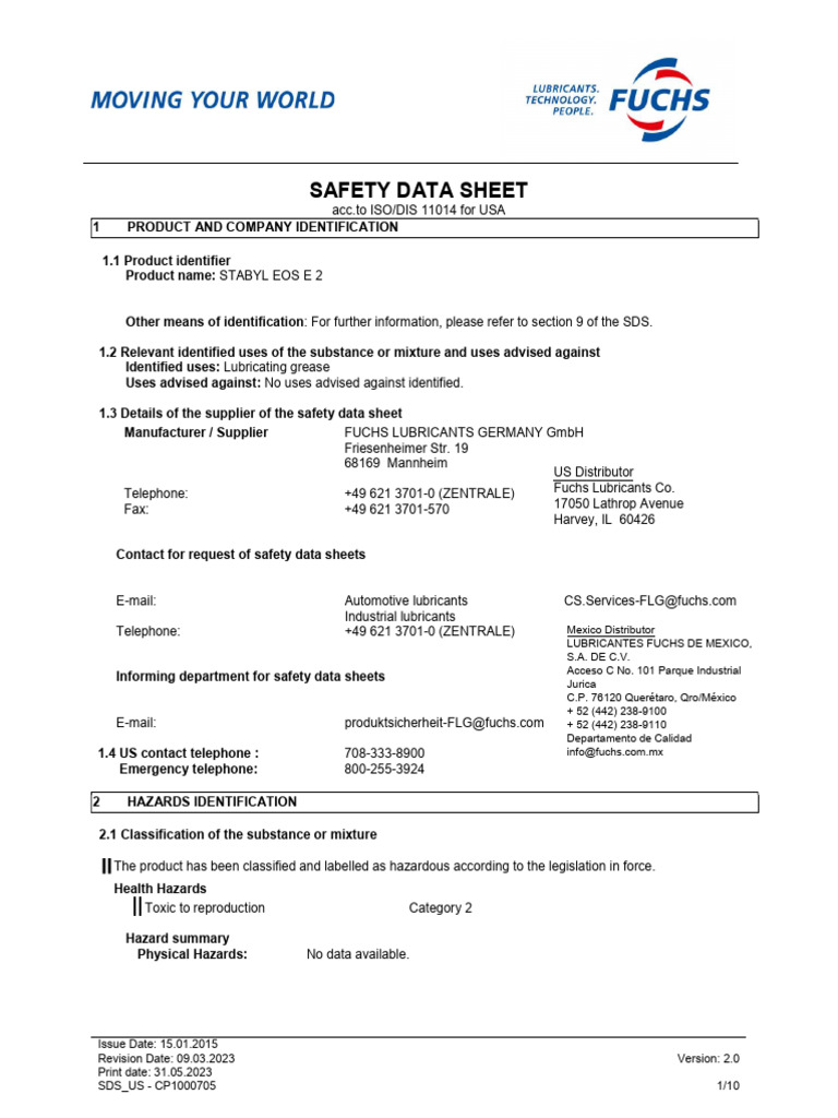 STABYL EOS E 2 Safety Data Sheet | PDF | Toxicity | Solubility