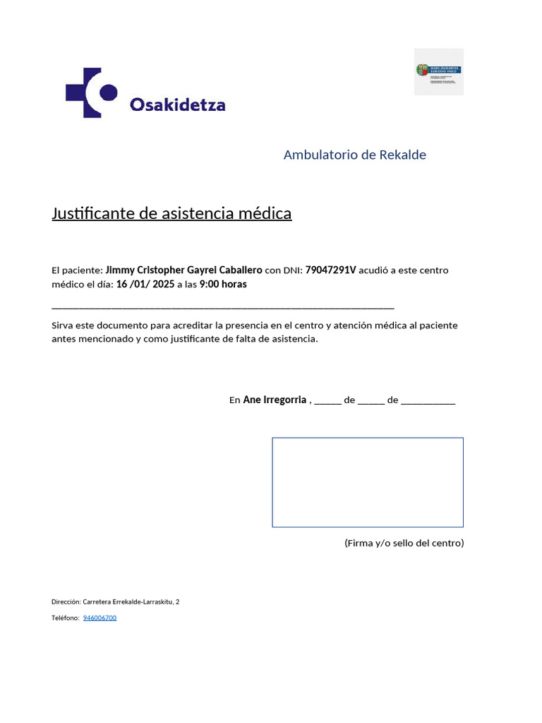 justificante-medico-plantilla-pais-vasco-osakidetza | PDF