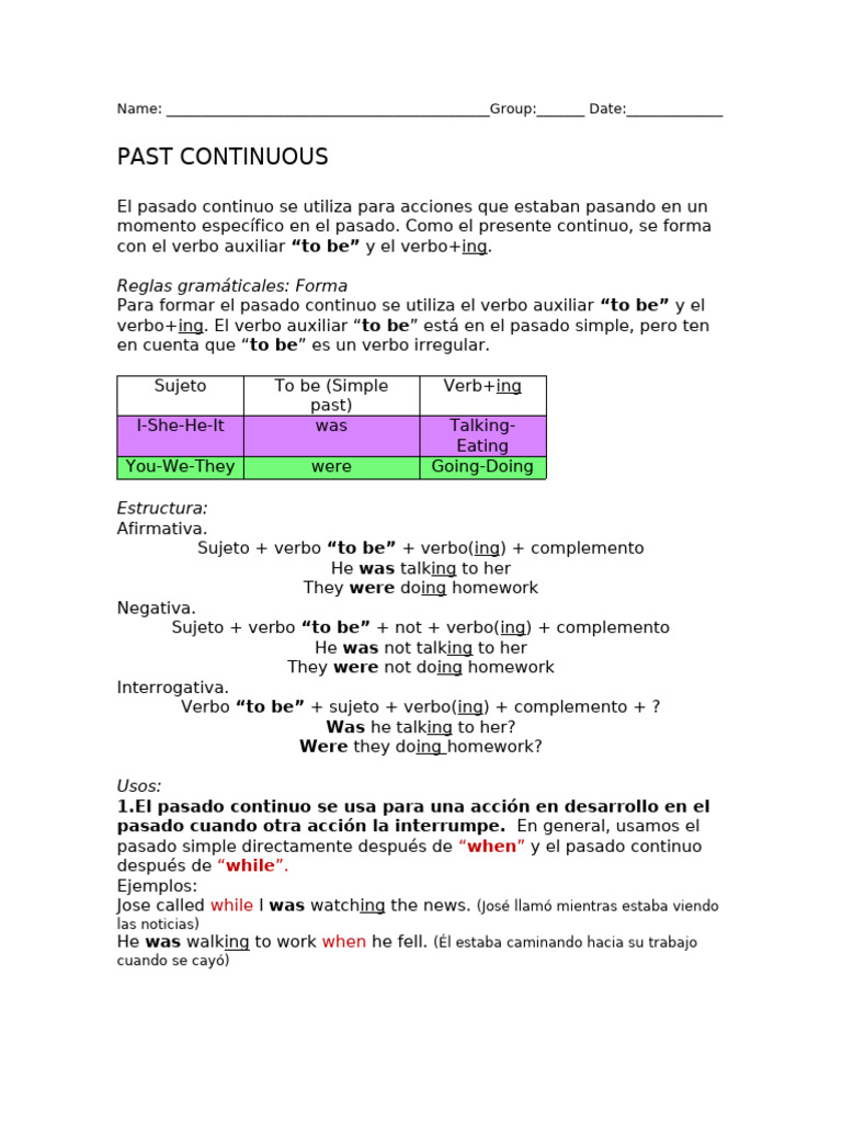 Guía Completa del Pasado Continuo | PDF | Verbo | Morfología Lingüística