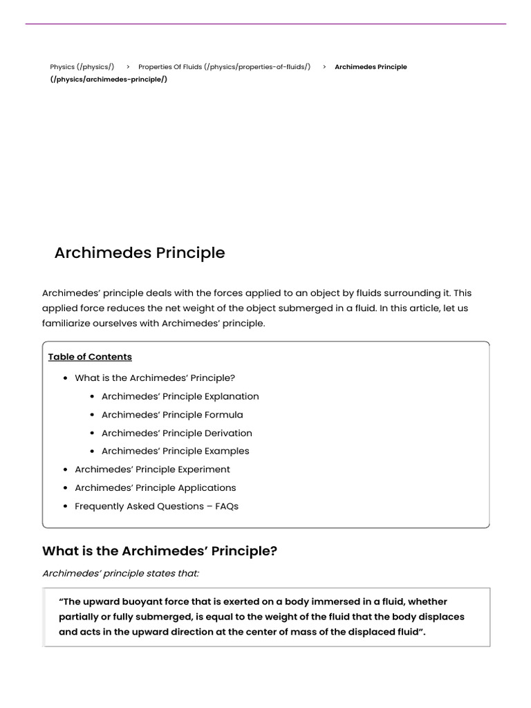 Archimedes Principle - Explanation, Archimedes Law Examples | PDF ...