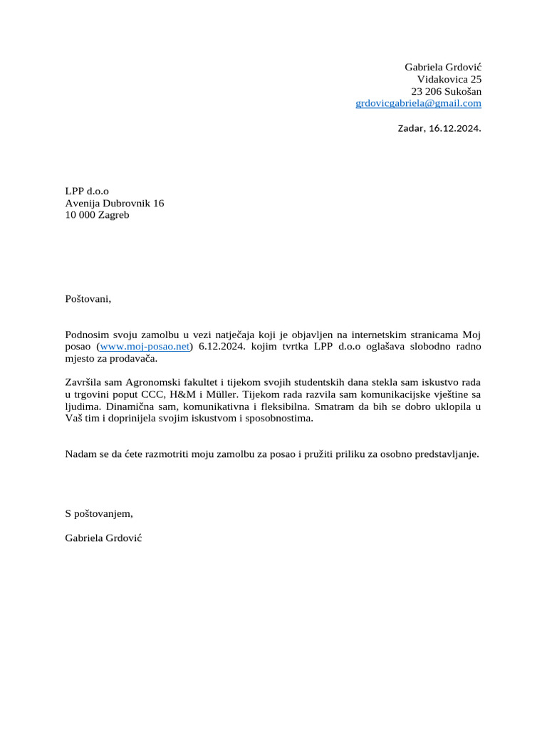 Zamolba Za Posao | PDF