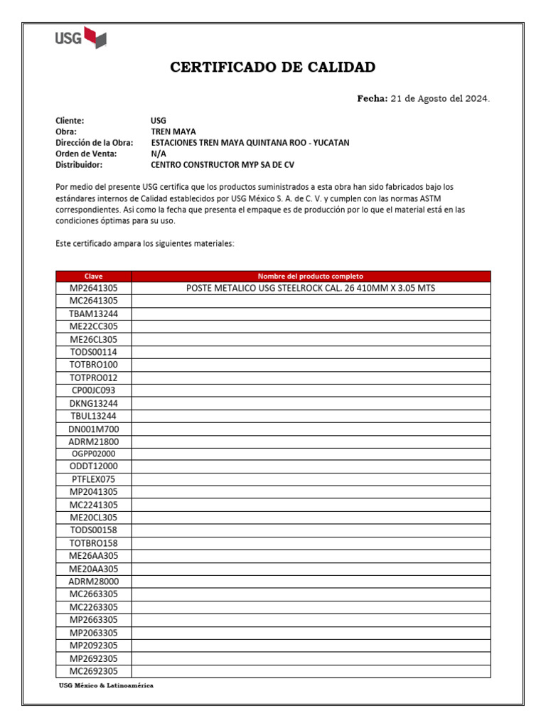 Certificado de Calidad USG para Tren Maya | PDF | Lima (Material ...