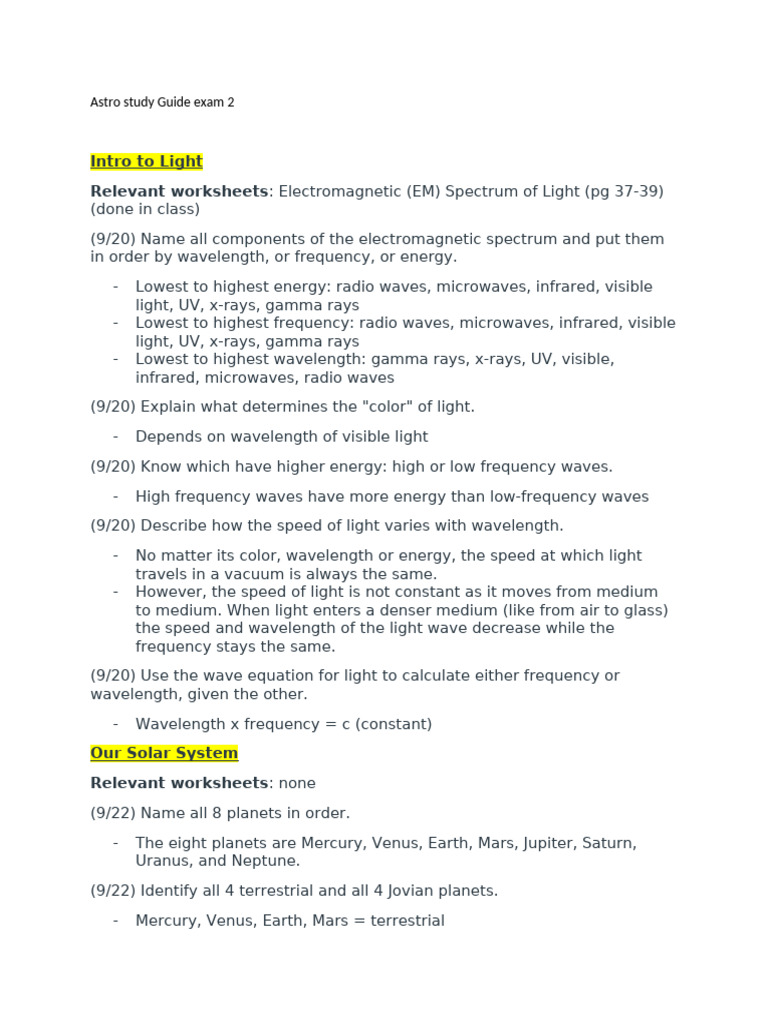 Astro Study Guide Midterm 2 | PDF | Planets | Stars