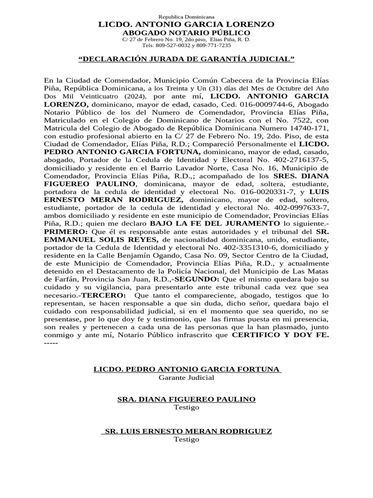 Declaracion Jurada de Garantia Judicial de Emmanuel Solis | PDF