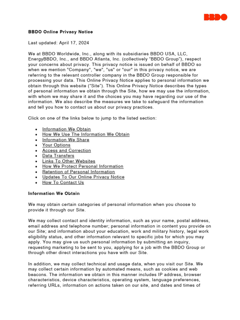 BBDO Online Privacy Notice 1 | PDF | Http Cookie | World Wide Web