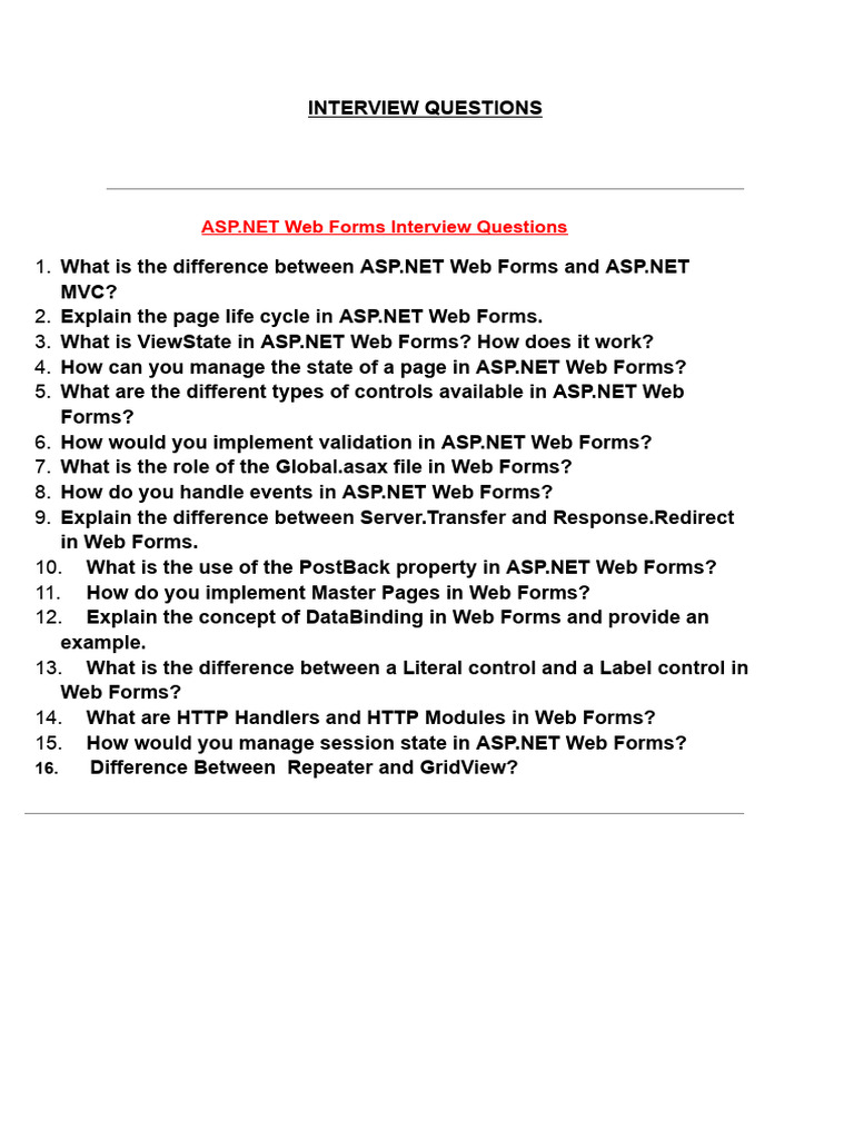 Interview Questions ASP - NET Web Forms | PDF | World Wide Web | Internet & Web