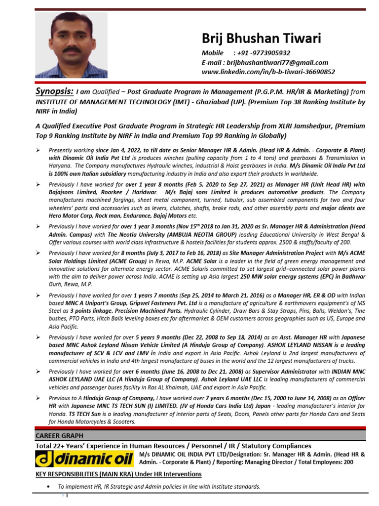 Resume - Brij Bhushan Tiwari | PDF | Human Resources | Employment