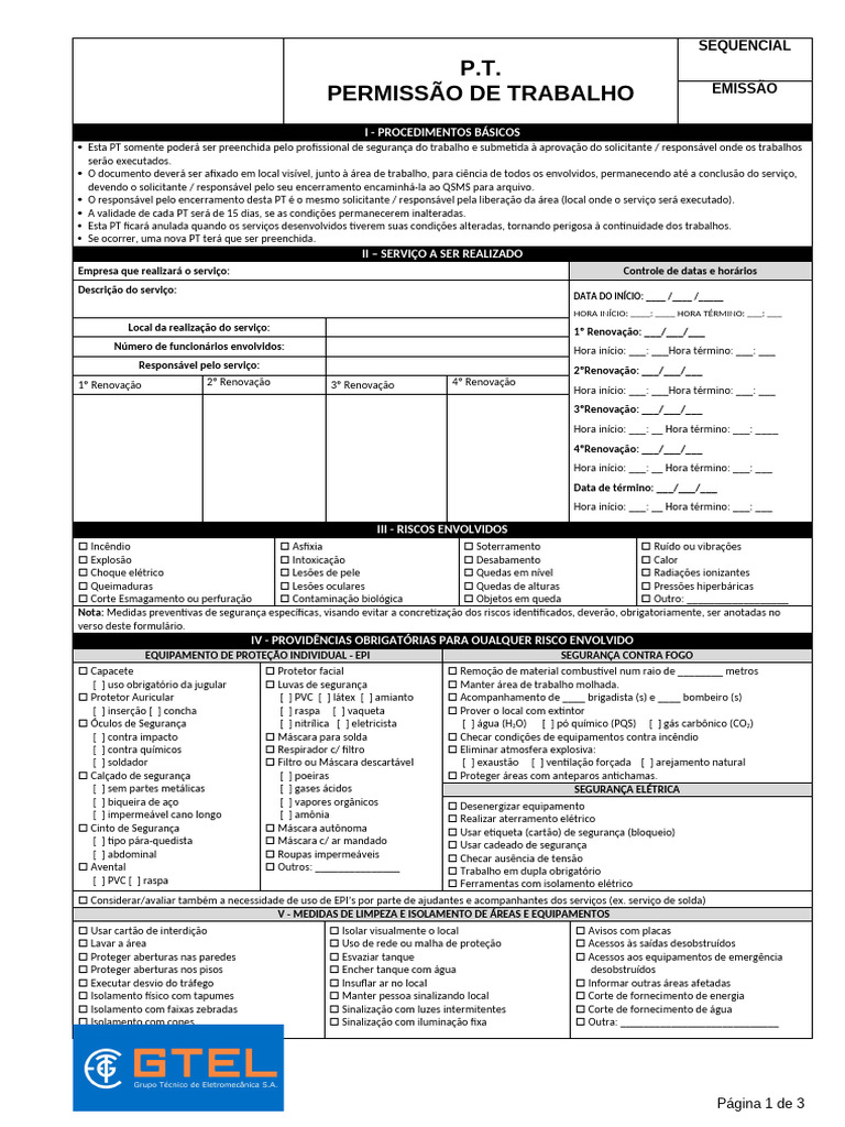 FORM MODELO Permissão de Trabalho.1 | PDF | Eletricista | Capacete