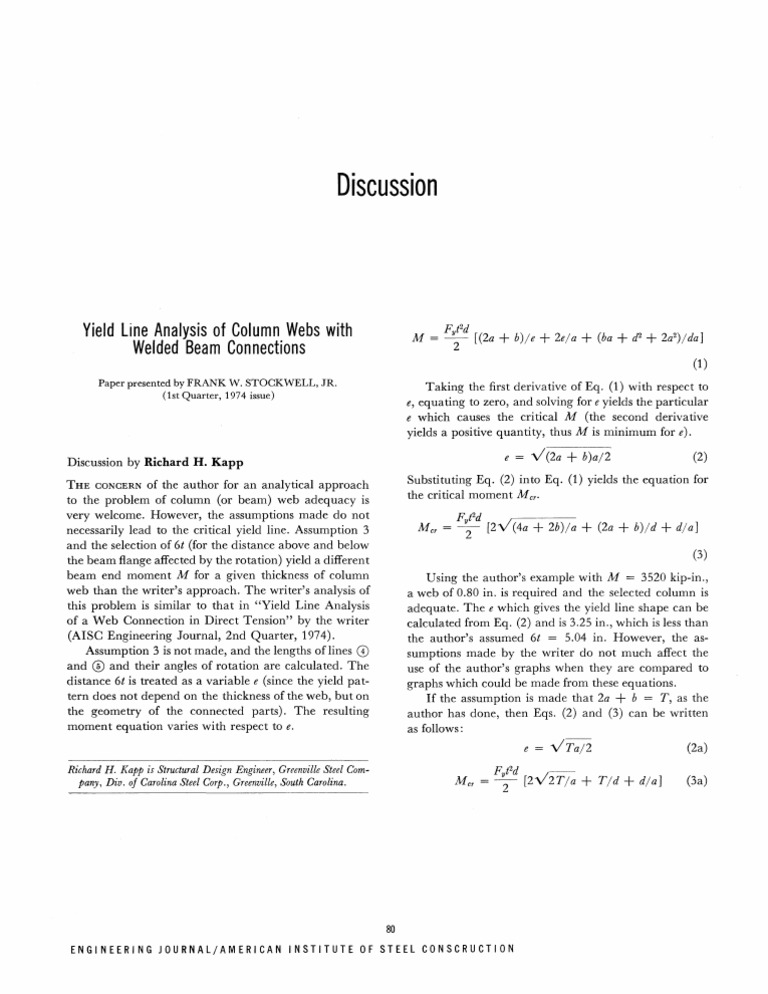 Discussion - Yield Line Analysis of Column Webs With Welded Beam ...