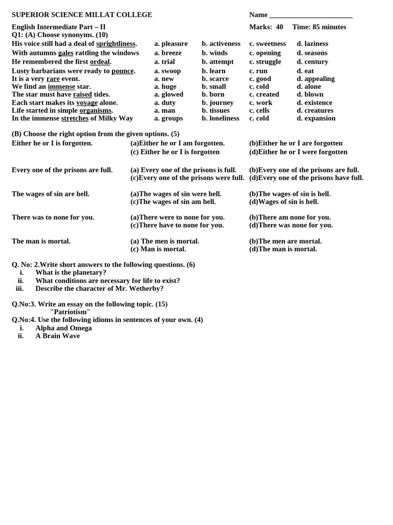 2nd Year Test 01-Nov-2024 | PDF