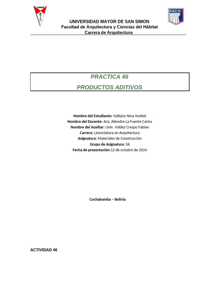 Practica 46 Productos Aditivos | PDF | Hormigón | Ingeniería de Edificación
