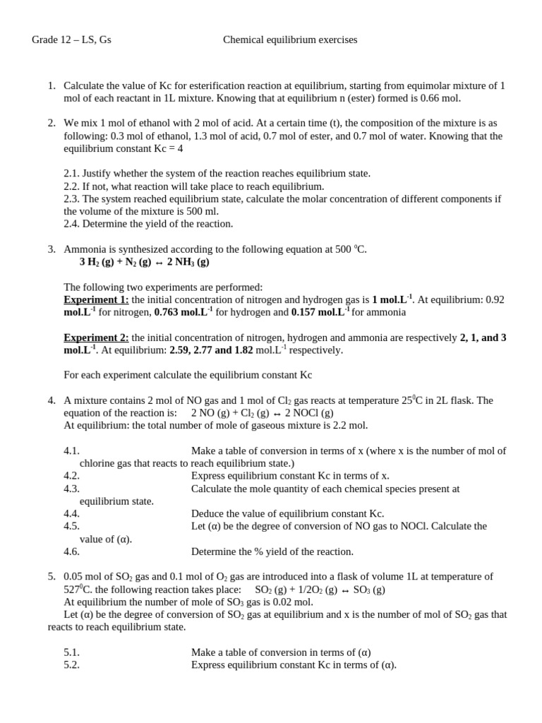 Chemical Equilibrium Exercises | PDF | Chemical Equilibrium | Ammonia
