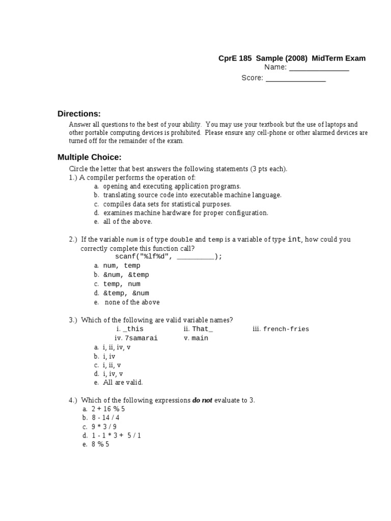 CprE 185 MidTerm Exam Code | PDF | Integer (Computer Science) | Test ...