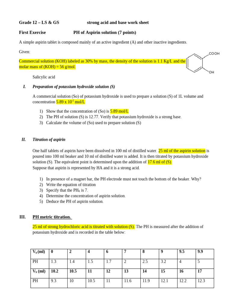 Strong Acid and Base (Extra Exercise 1) | PDF | Ph | Titration