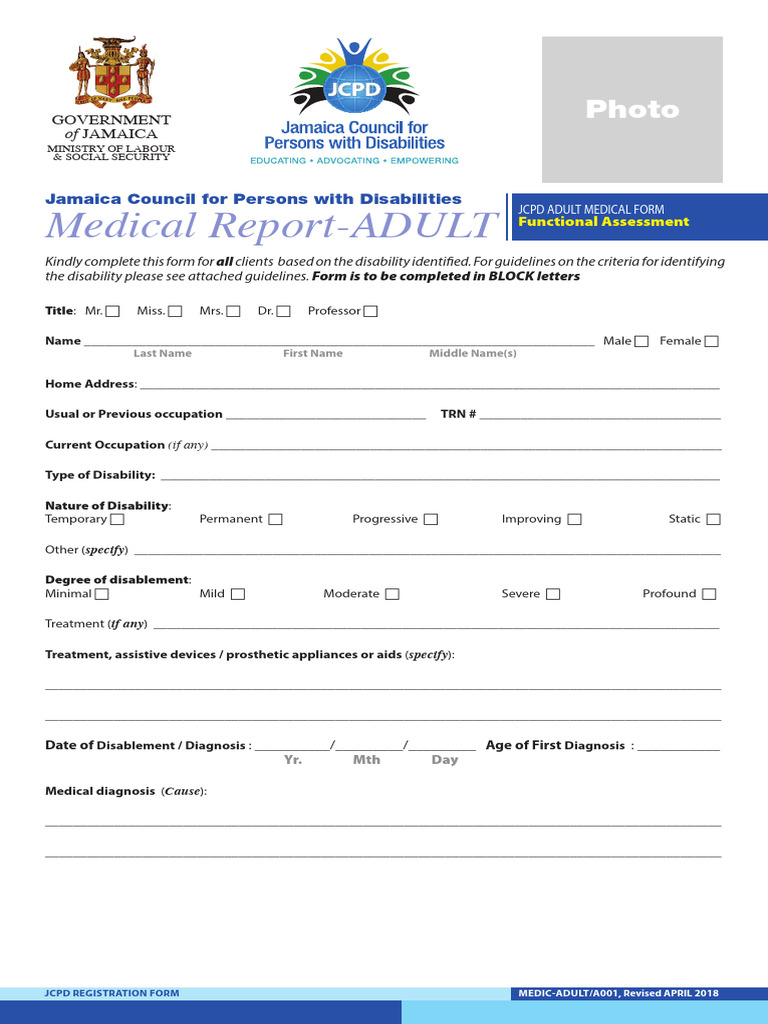 JCPD Adult Medical Registration Form | PDF | Disability | Clinical Medicine