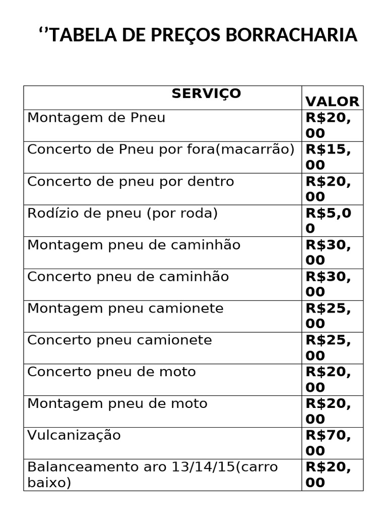 Tabela de Preços Borracharia | PDF