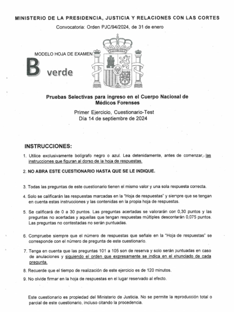 Cuadernillo Primer Ejercicio Medicos Forenses Modelo B | PDF