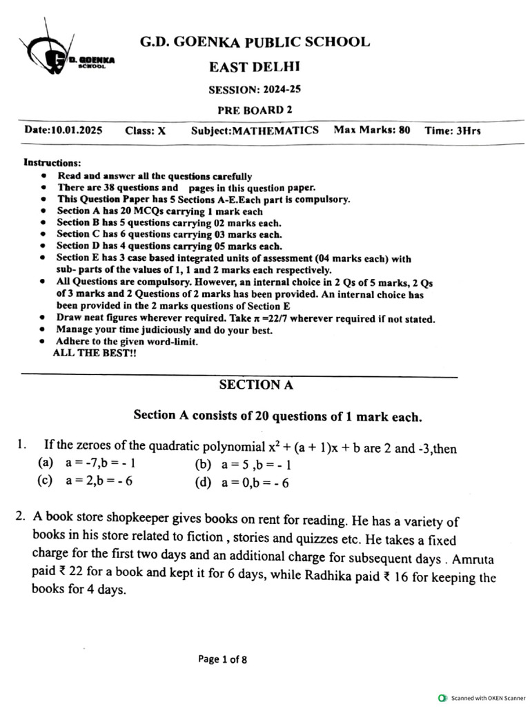 Maths Preboard | PDF