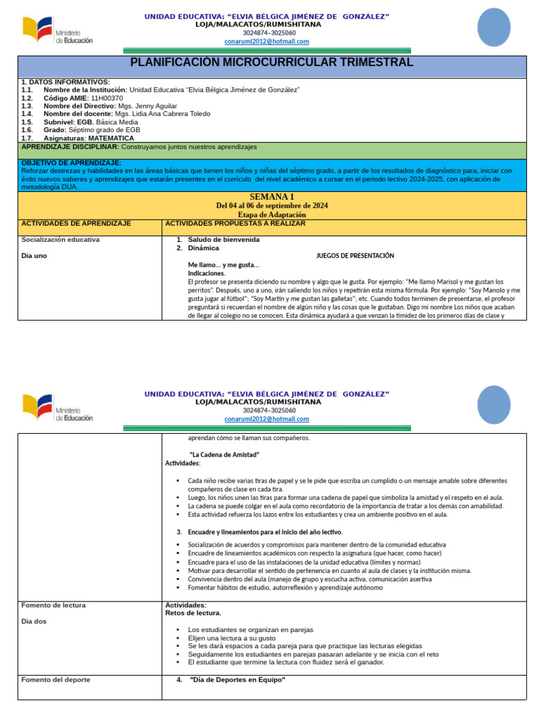 Planificacion Semanal-I Trimestre-Matematica. | PDF | Evaluación | Aprendizaje