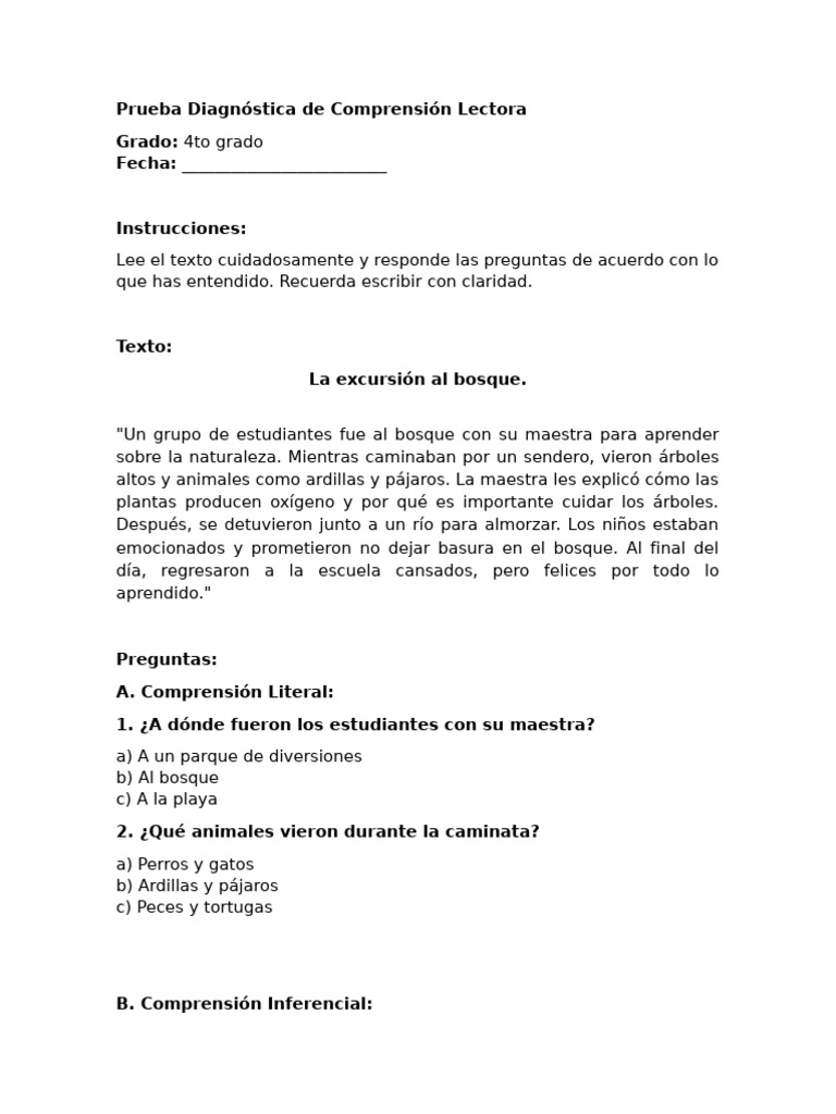 Prueba de Comprensión Lectora 4to Grado | PDF