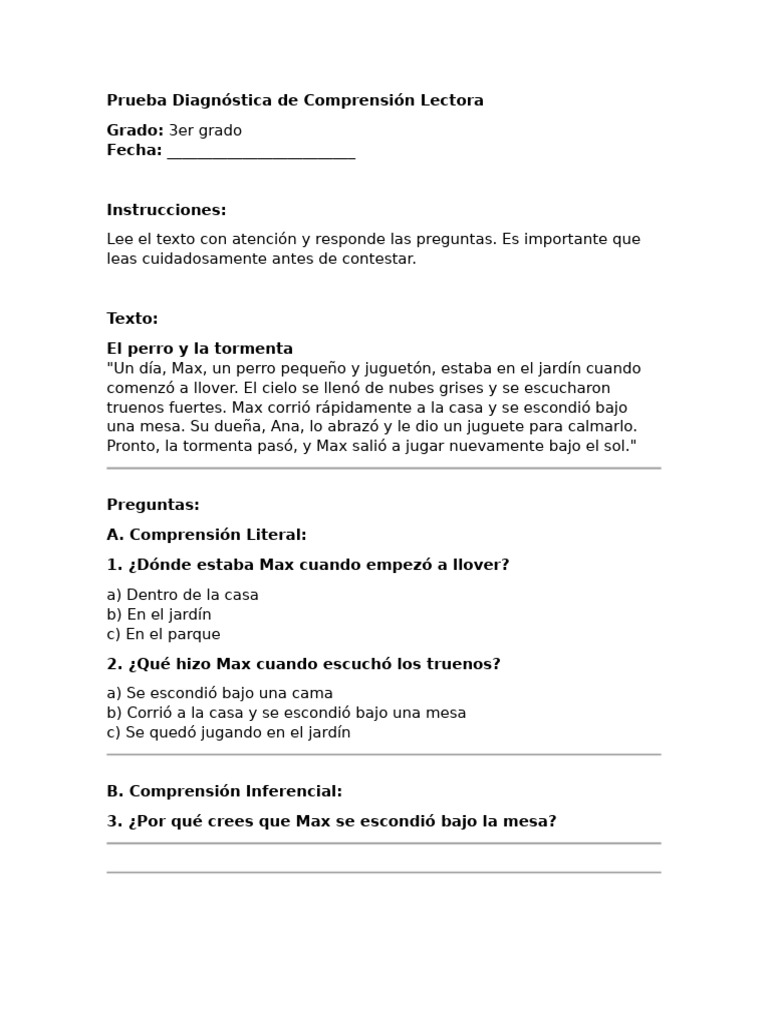 Prueba Diagnóstica de Comprensión Lectora 3er grado | PDF