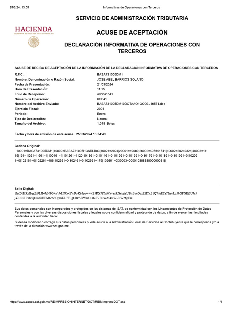 Acuse de Aceptación de Declaración Informativa | PDF