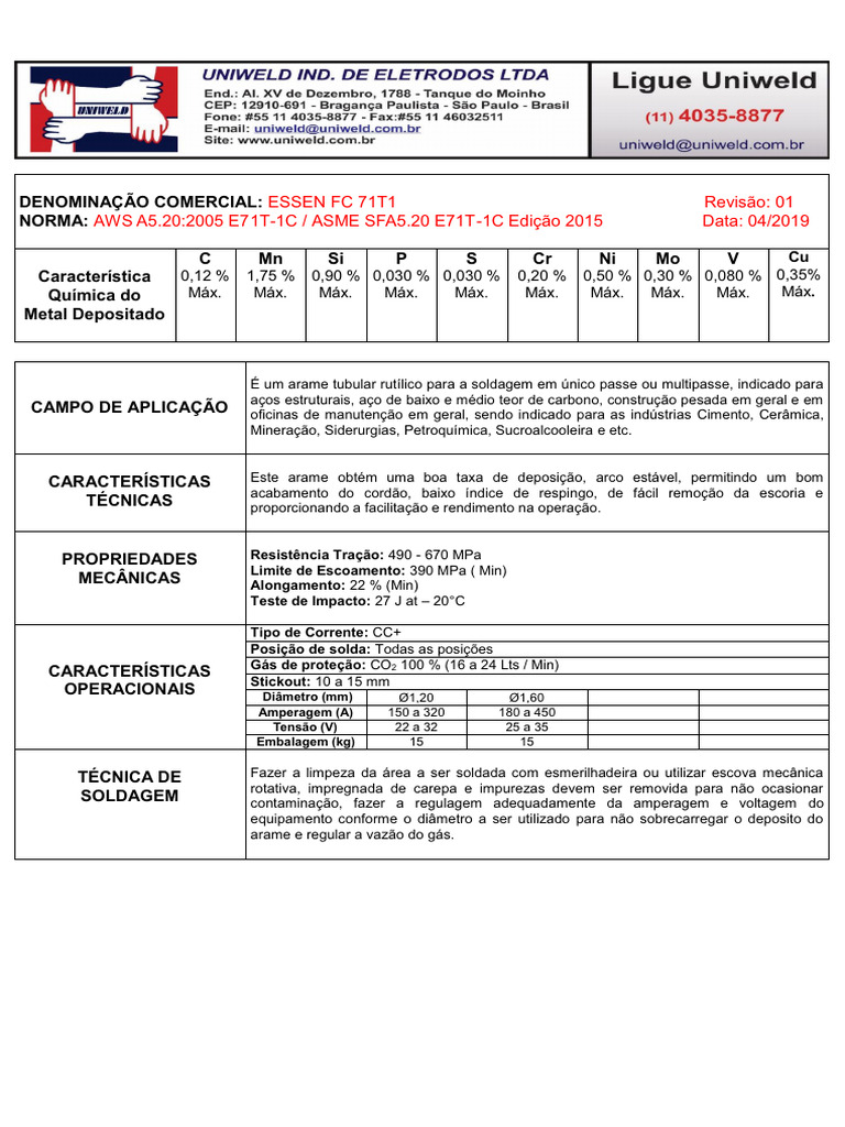 Ficha Técnica Essen FC 71T1 AWS E71T 1C | PDF