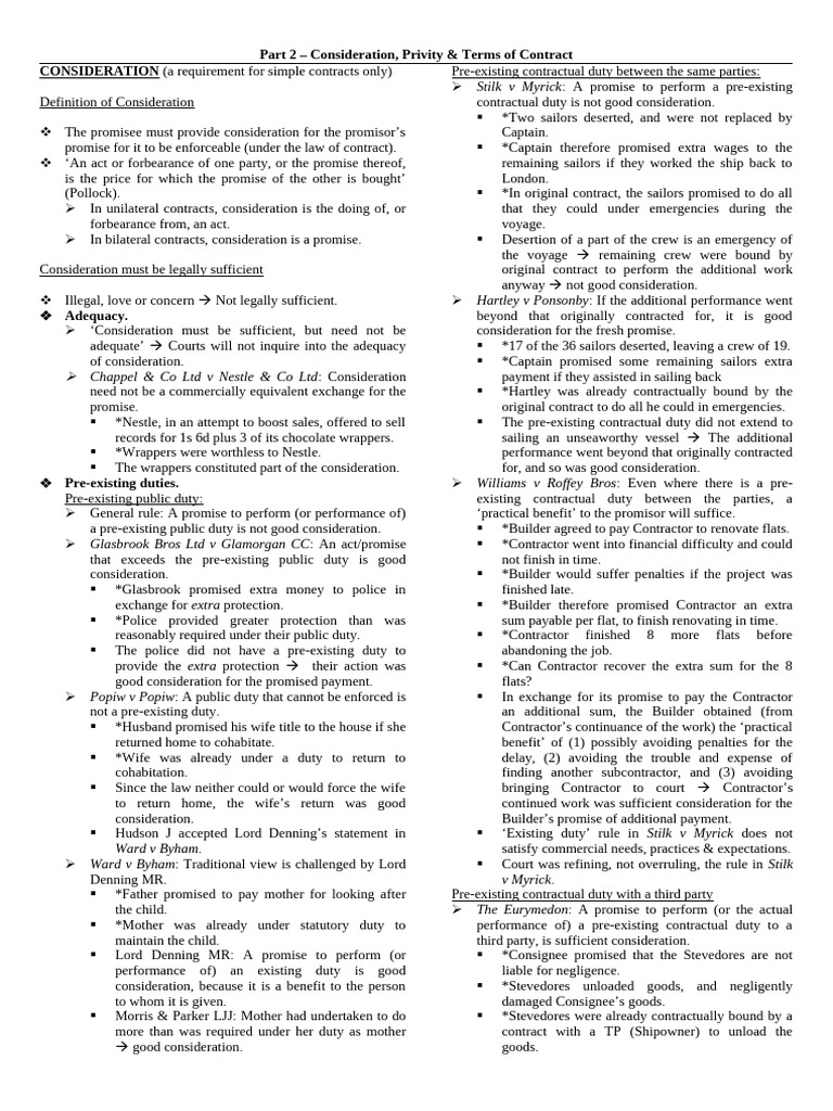 Law of Contract Notes 2 | PDF | Estoppel | Consideration