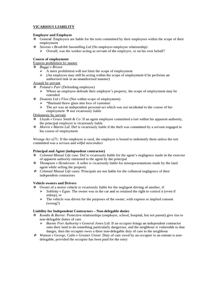 Law of Torts - Vicarious Liability | PDF | Legal Liability | Vicarious ...