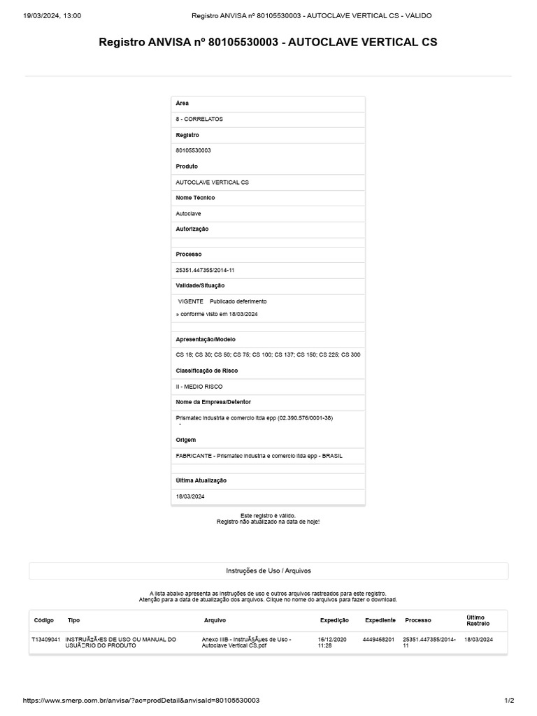 Registro ANVISA: Autoclave Vertical CS | PDF