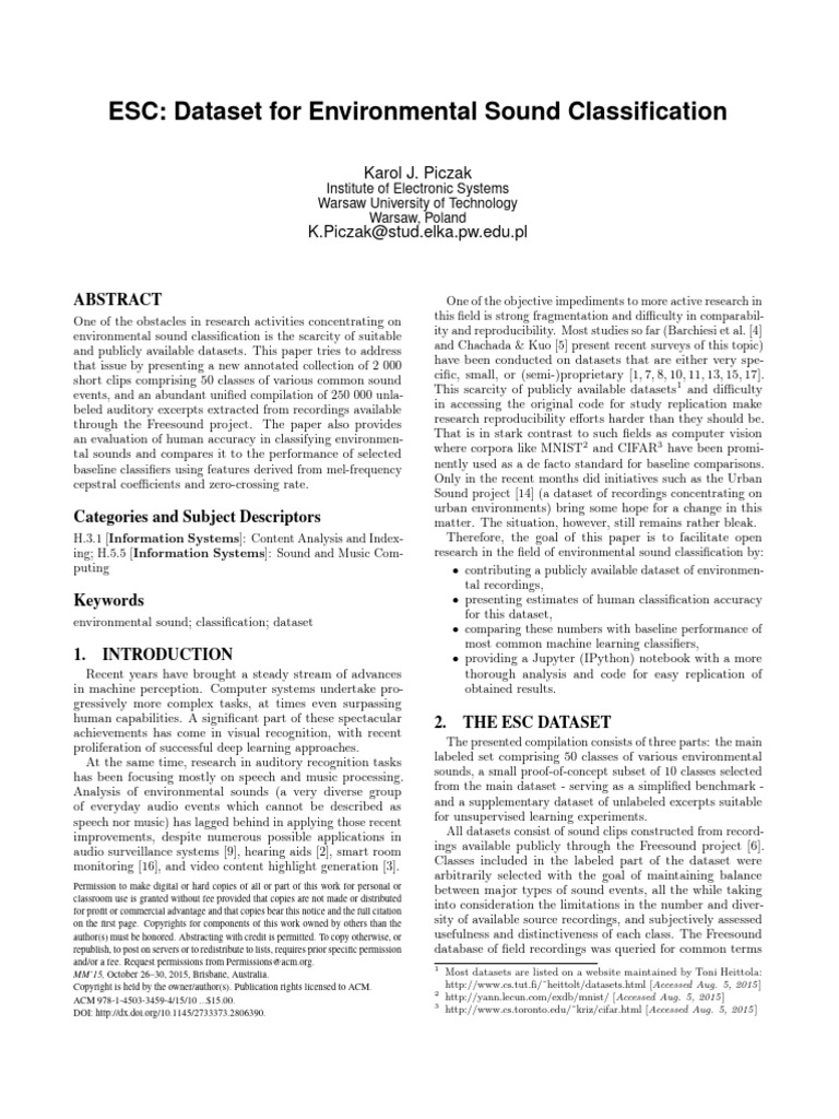 2015 Piczak ESC Sound Datasets | PDF | Artificial Neural Network | Support Vector Machine