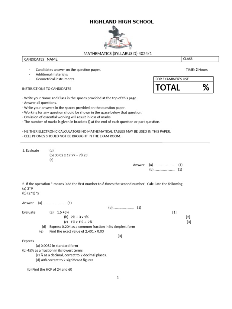 2010 - Grade 10 End of Term 1 Mathematics Exam | PDF | Decimal | Odds