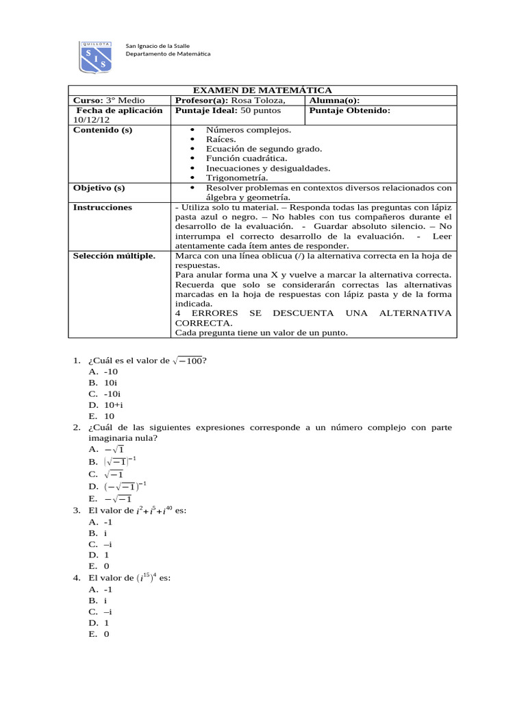Examen Matemática 3° Medio | PDF | Raíz cuadrada | Ecuaciones